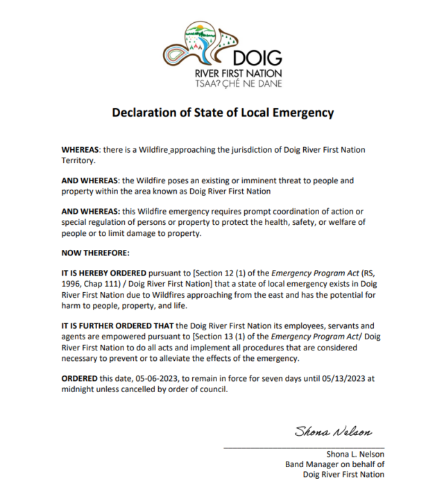 Declaration of State of Local Emergency - Doig River First Nation